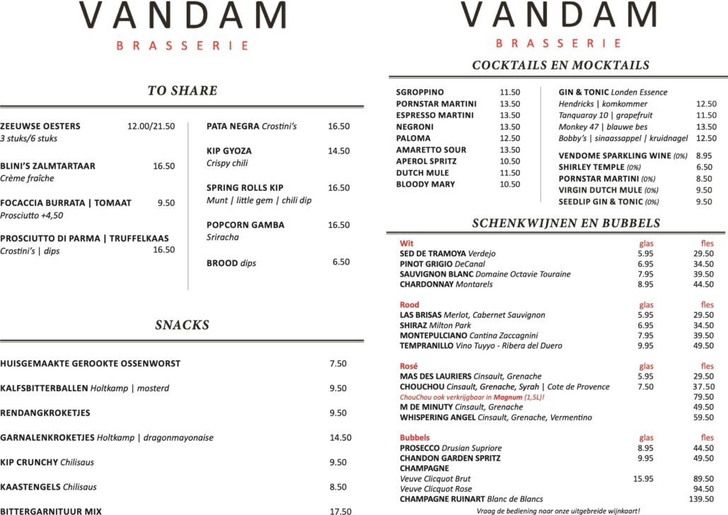 Brasserie Van Dam - Menu