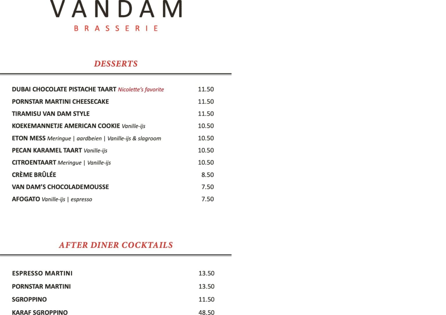 Brasserie Van Dam - Menu
