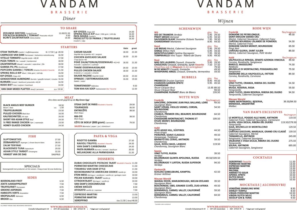 Brasserie Van Dam - Menu