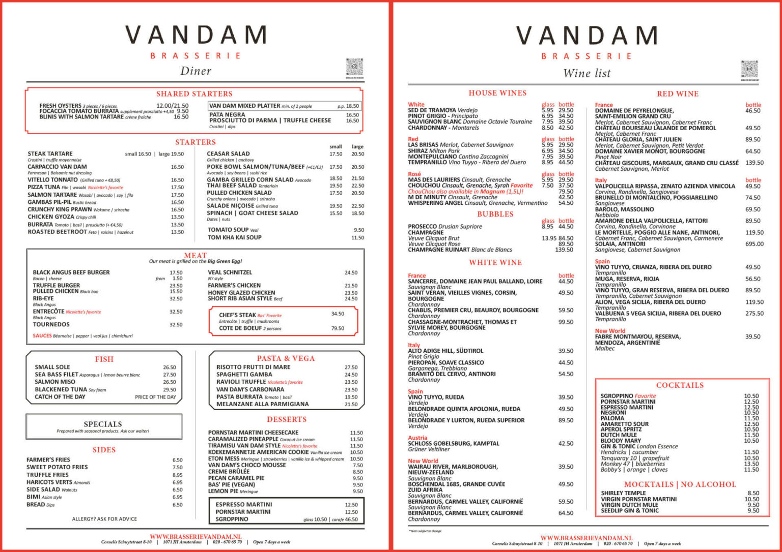 Brasserie Van Dam - Menu