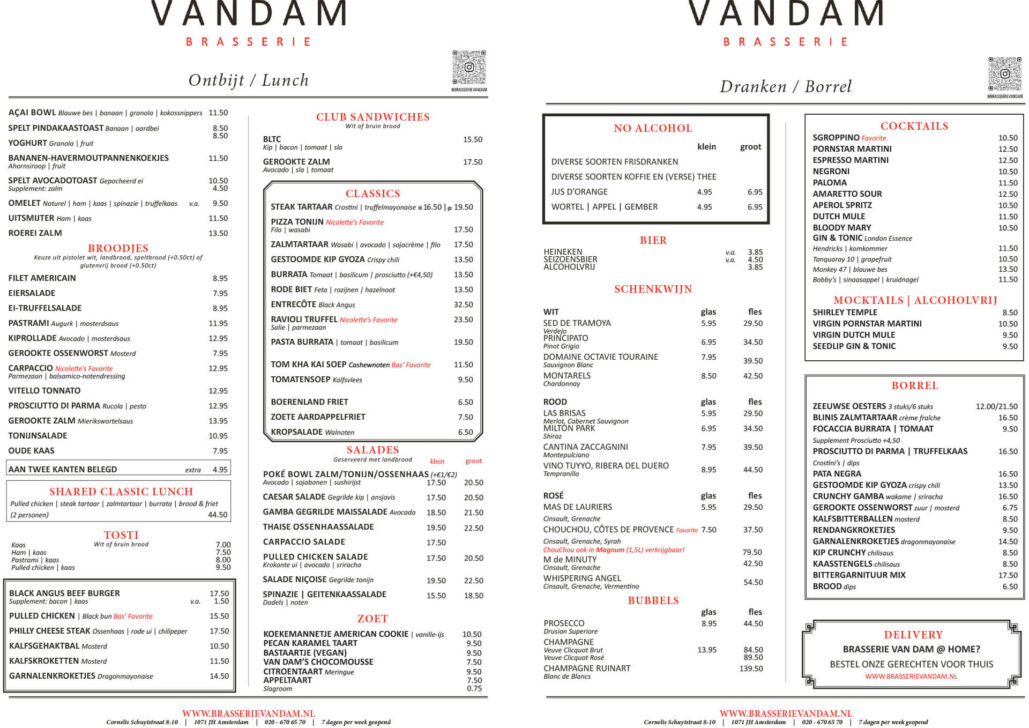 Brasserie Van Dam - Menu