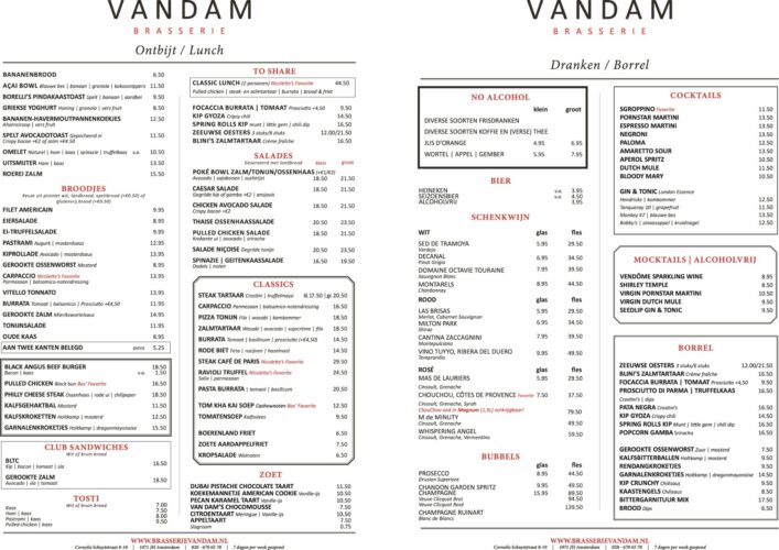 Brasserie Van Dam - Menu